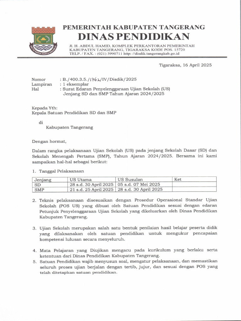 Surat Edaran Penyelenggaraan Ujian Sekolah (Us) SD Dan SMP | PDF