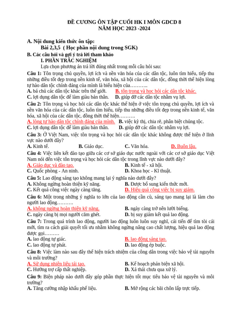 ĐỀ CƯƠNG ÔN TẬP CUỐI HK I MÔN GDCD 8 | PDF