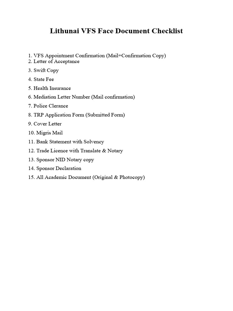 Lithunai VFS Document Checklist | PDF