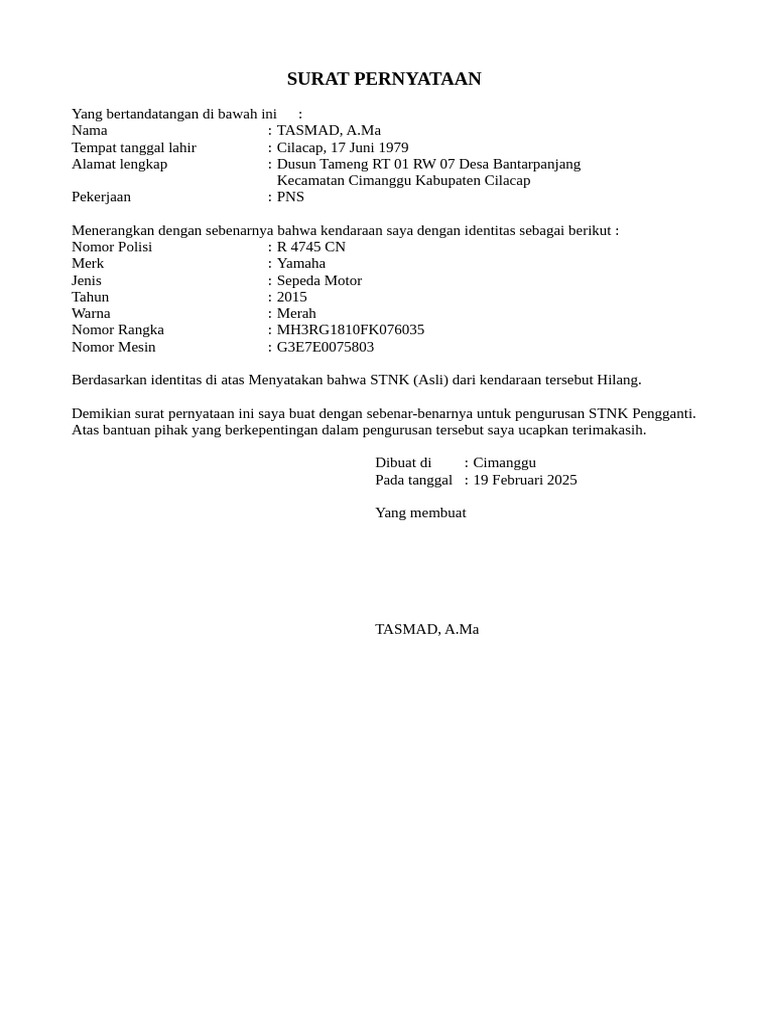 Surat Pernyataan Kehilangan STNK | PDF