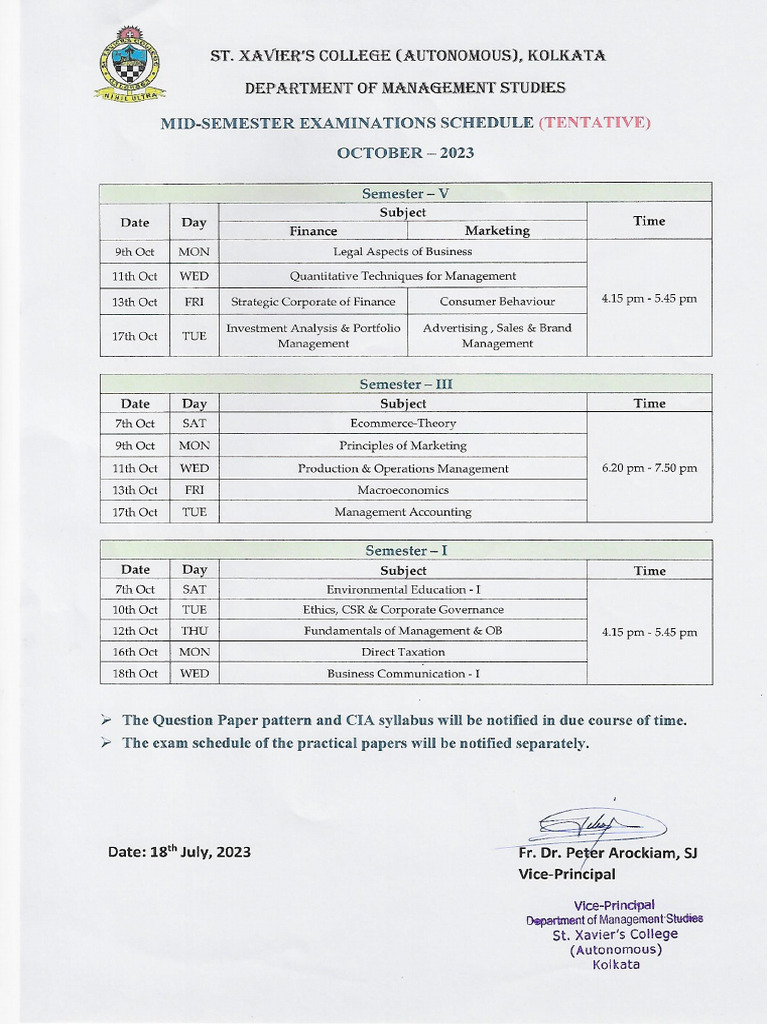 BMS - Mid-Semester Exams Schedule - 2023 | PDF