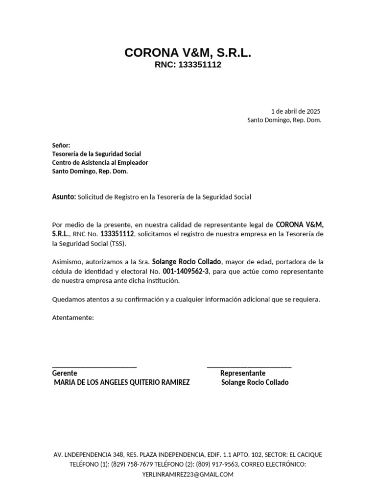 Solicitud de Registro TSS para CORONA V&M | PDF