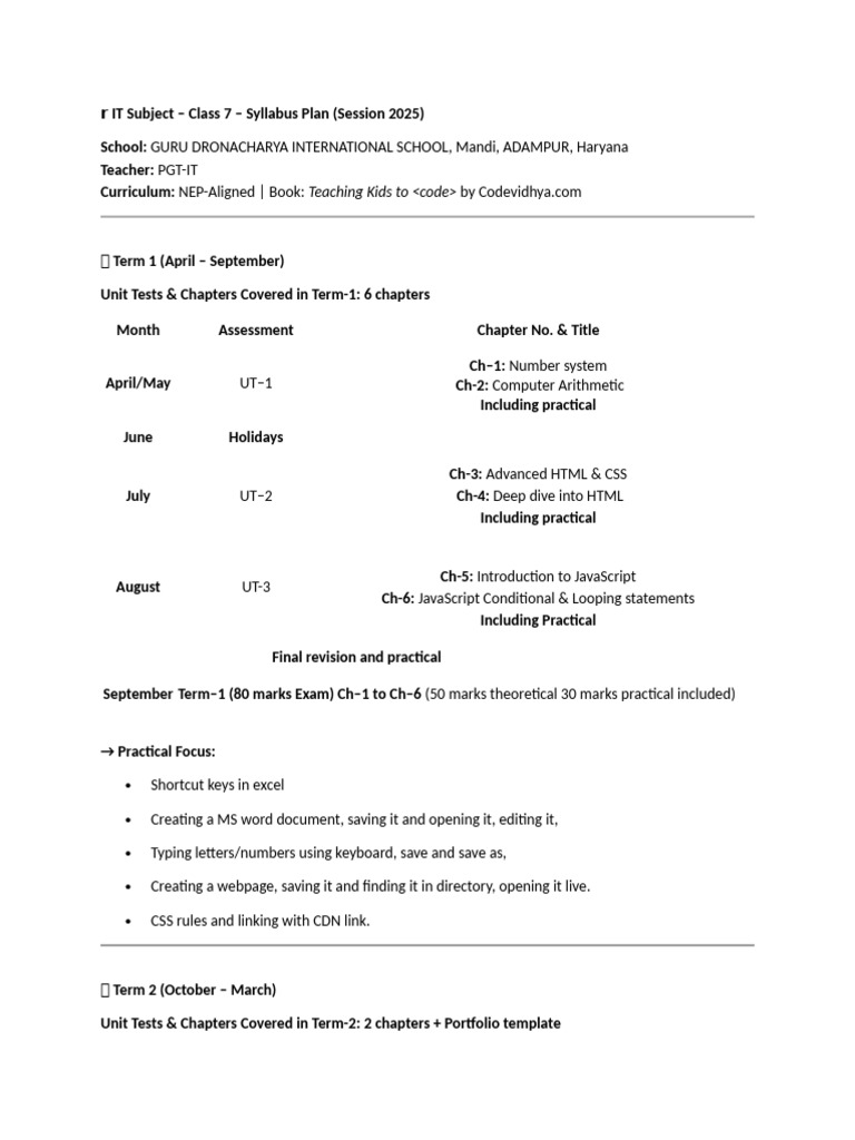 7th Class Syllabus Plan | PDF