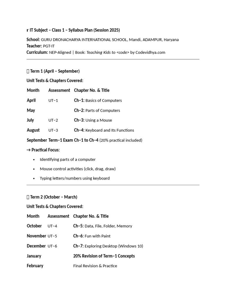 1st Class Syllabus Plan | PDF