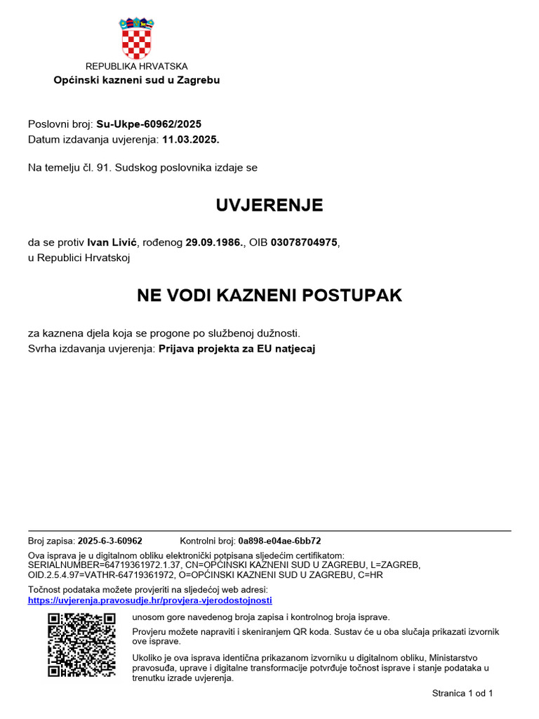 Uvjerenje o Nekaznjavanju 2025 6 3 60962 | PDF