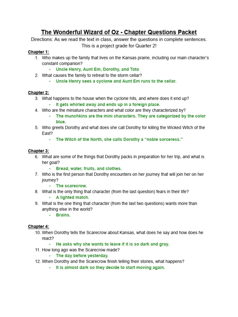 The Wonderful Wizard of Oz - Chapter Questions Packet | PDF | Dorothy ...