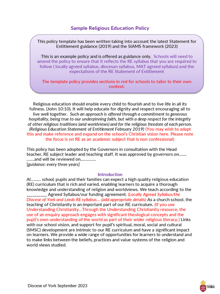 Religious Education Policy Template 2023 | PDF | Curriculum | Teachers
