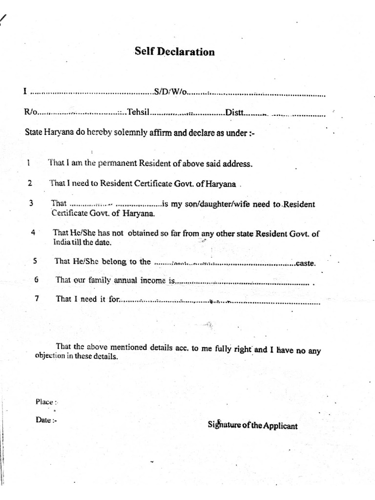 Self Declaration (Haryana Residence) | PDF