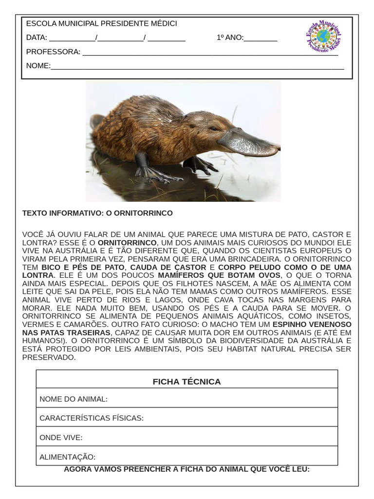 Curiosidades sobre o Ornitorrinco | PDF