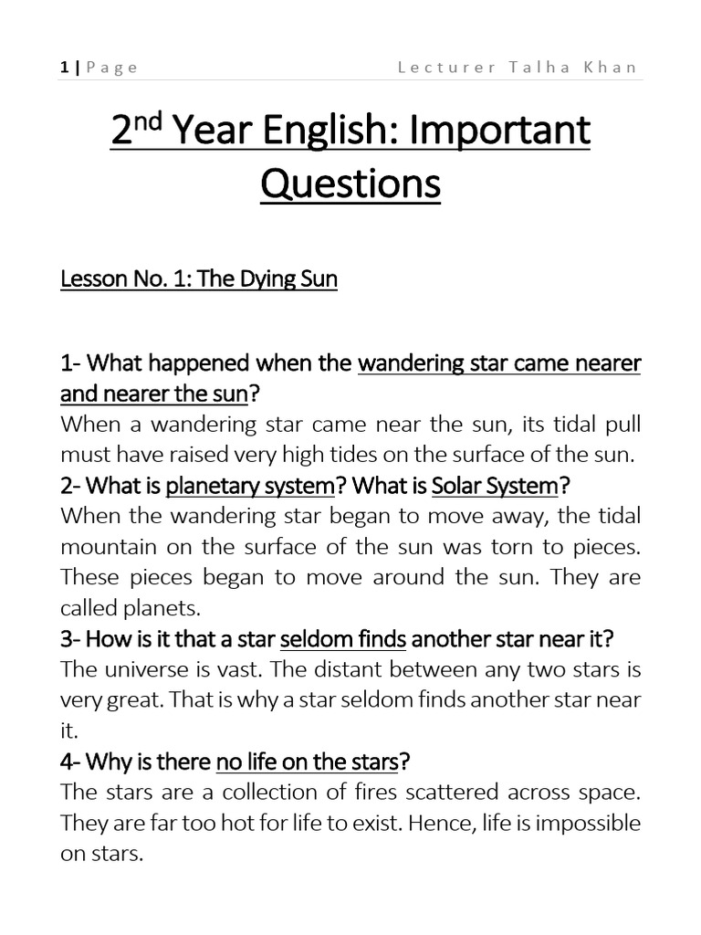 Important Questions for 2nd Year English | PDF | Louis Pasteur ...