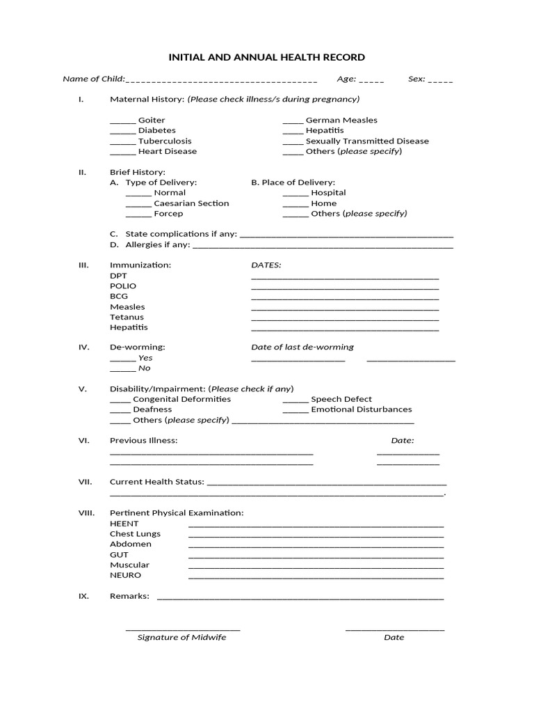 Child Health Record Template | PDF | Health Sciences | Health Care