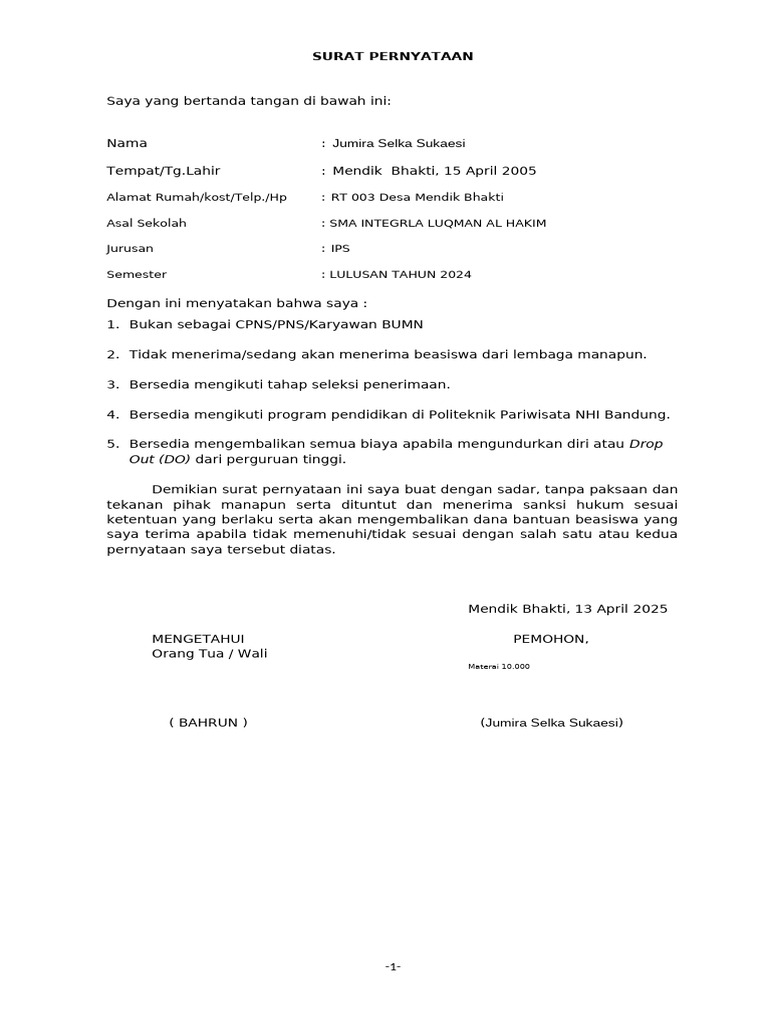 Surat Pernyataan Poltek Pariwisata | PDF