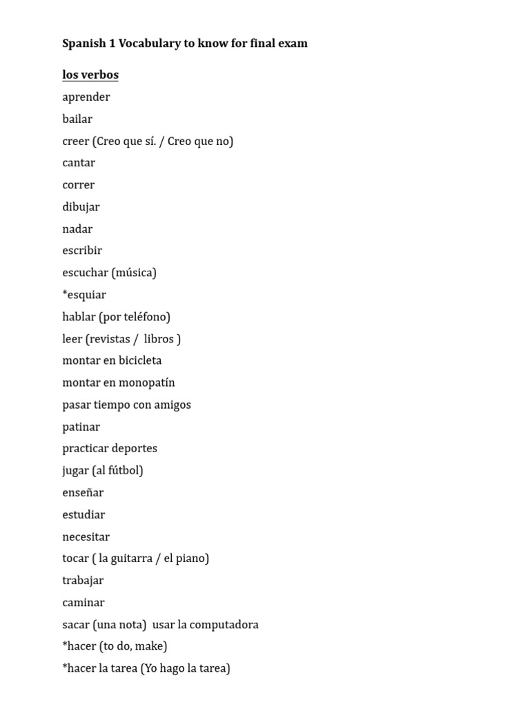 Spanish 1 Vocabulary To Know For Final Exam Los Verbos | PDF | Almuerzo ...