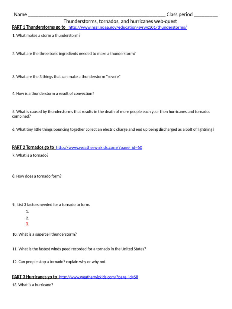 Name - Class Period - Thunderstorms, Tornados, and Hurricanes Web-Quest ...
