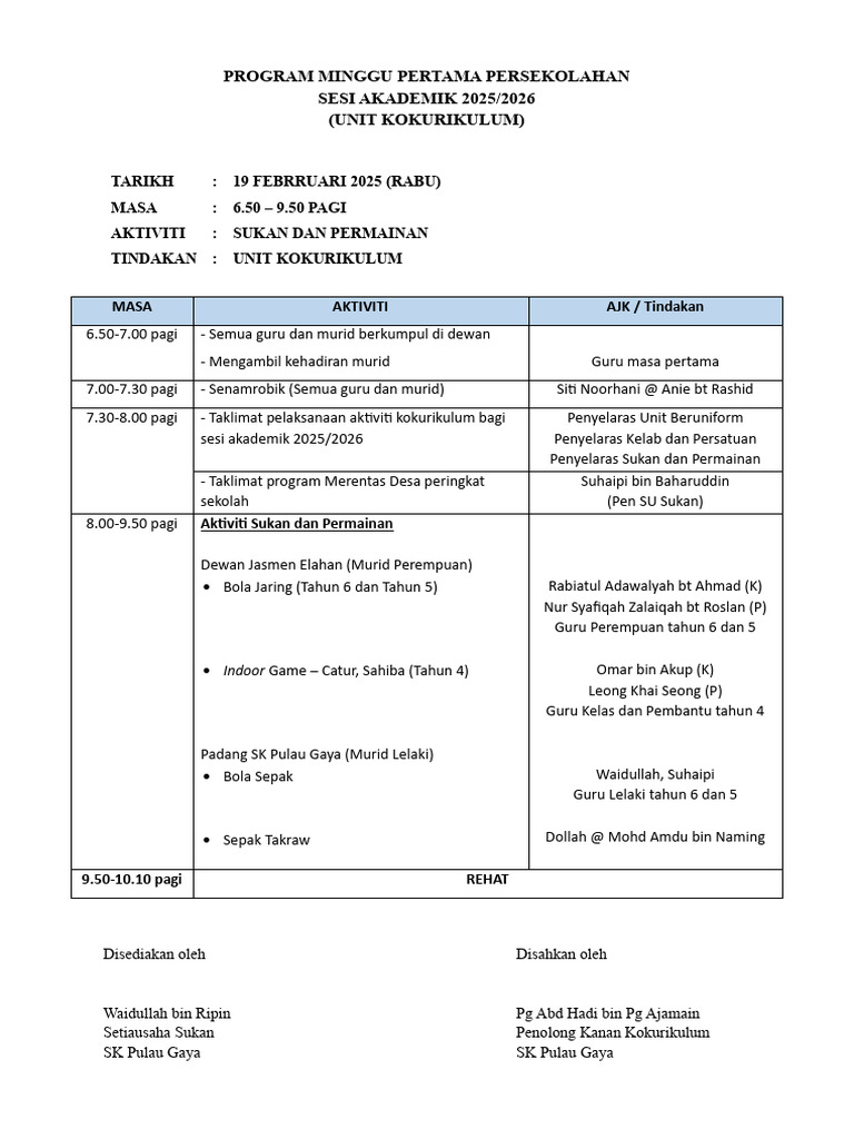 Unit Kokum SKPG - Program Minggu Pertama Persekolahan 2025 | PDF