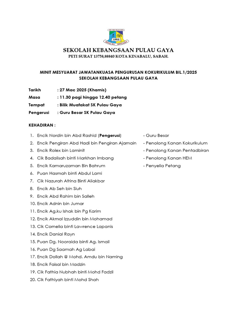 MINIT MESYUARAT PENGURUSAN UNIT KOKURIKULUM 27 MAC 2025 | PDF