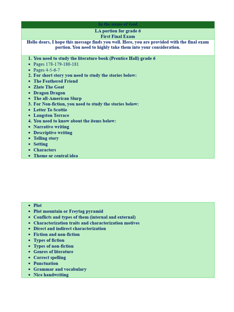 LA Portion For Final Exam - Grade 6 | PDF