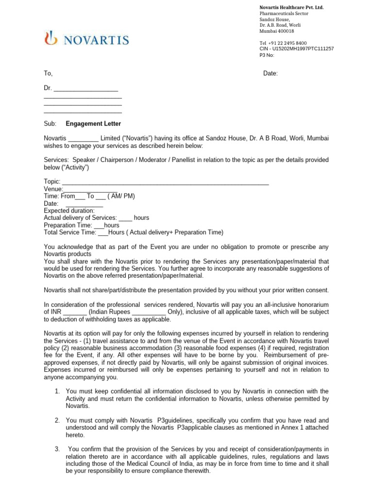 Novartis Honorarium Engagement Letter | PDF | Novartis | Health Care