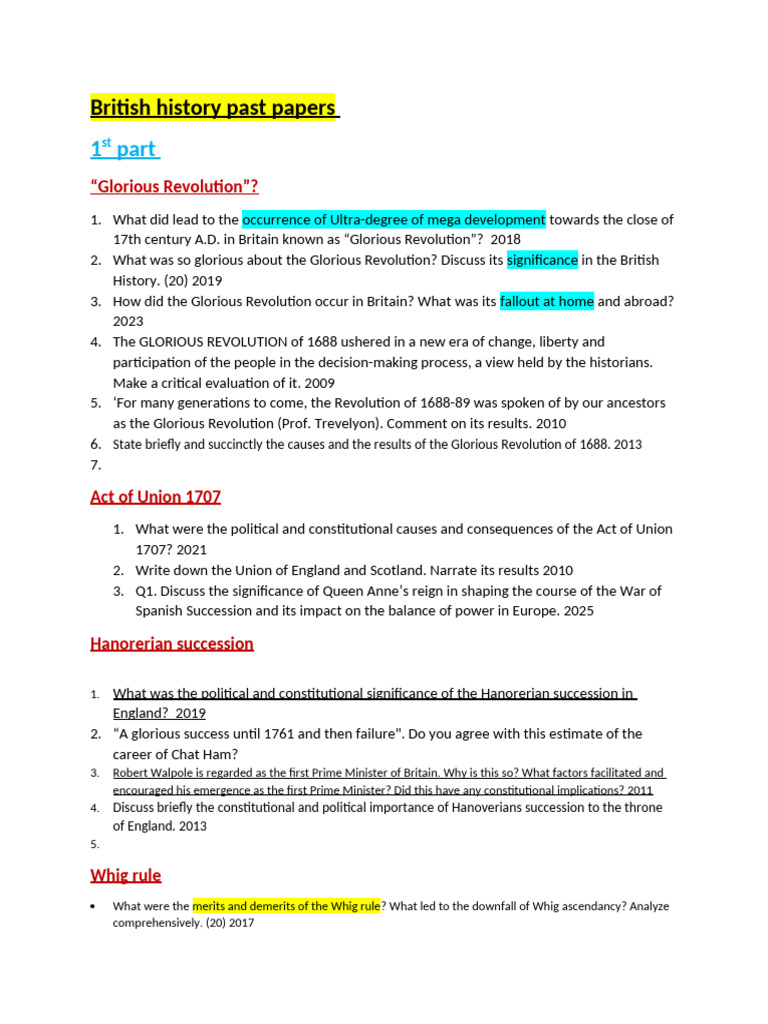 British History Past Papers Overview | PDF | United Kingdom Of Great ...