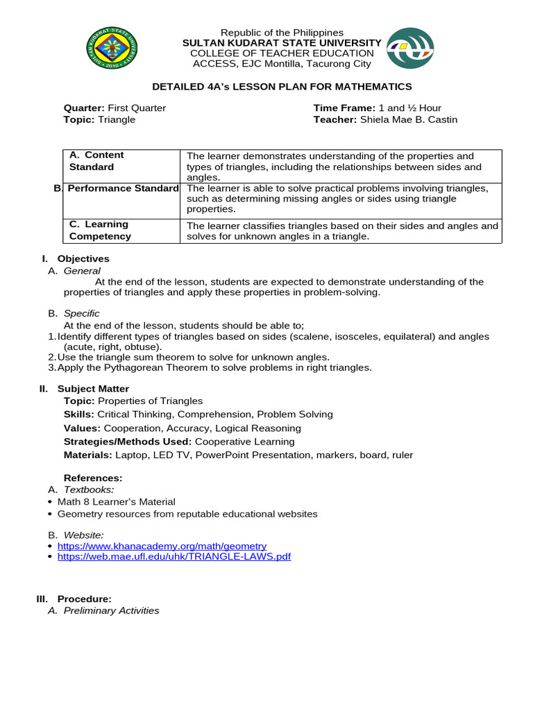 Detailed Lesson Plan: Triangles in Math | PDF | Triangle | Elementary Geometry