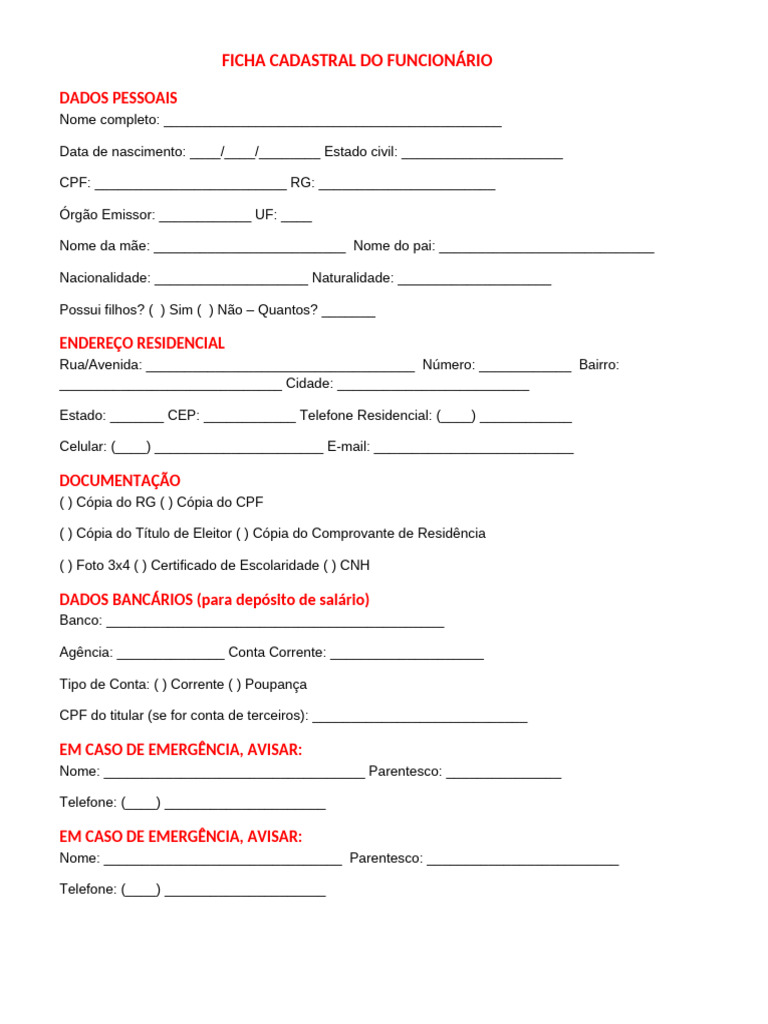 Ficha Cadastral Funcionario | PDF