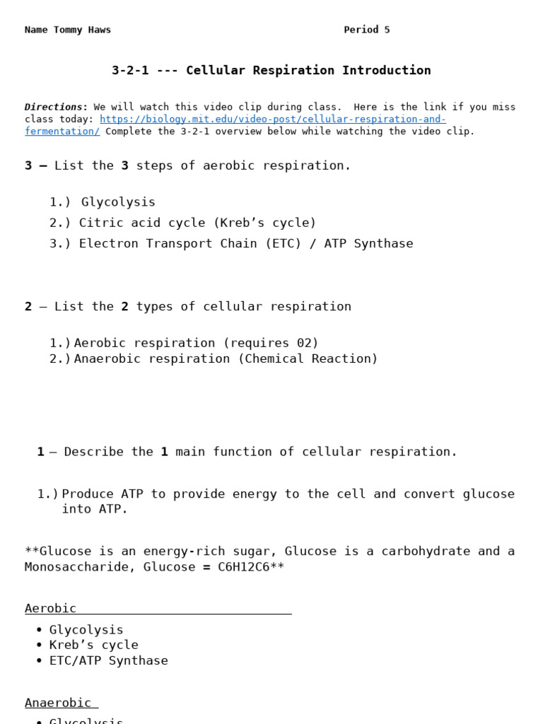 3-2-1 - Cellular Respiration Introduction: Name Tommy Haws Period 5 | PDF
