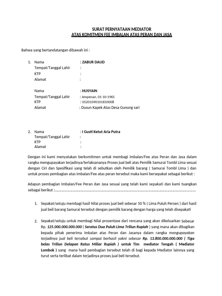 Surat Pernyataan Komitmen Fee Imbalan Atas Peran Dan Jasa-1 | PDF