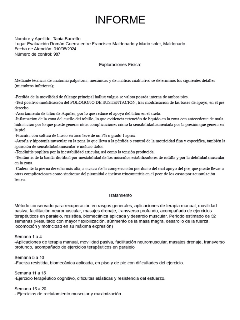 Informe Terapeutico Tania Barretto | PDF | Pie | Dedo del pie