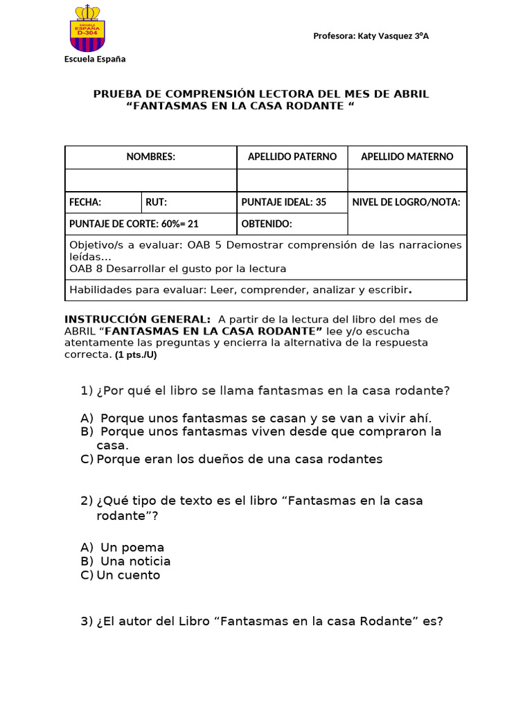 Prueba de Lectura Complementaria de Abril 3° A | PDF
