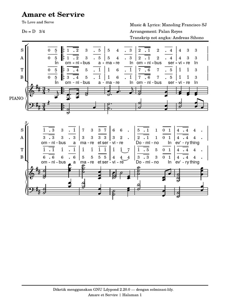 Amare Et Servire Not Angka Dengan Iringan Piano | PDF