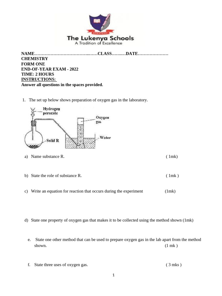 Chemistry f1 End Term 3 Nov 2022 | PDF | Chemical Reactions | Oxide