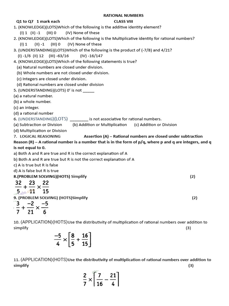 Rational Numbers Class VIII Quiz | PDF | Integer | Mathematics