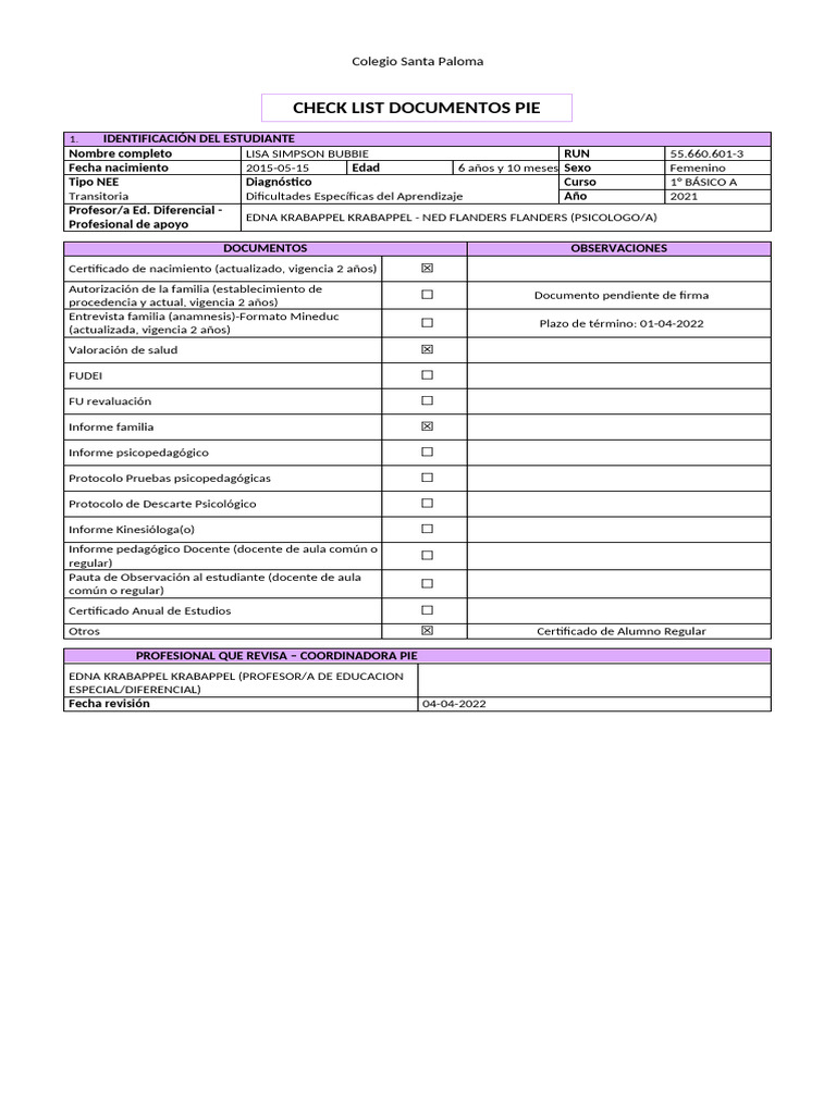 Checklist_Documentos_PIE_EJEMPLO_DE_DOCUMENTO (2) | PDF | Maestros ...