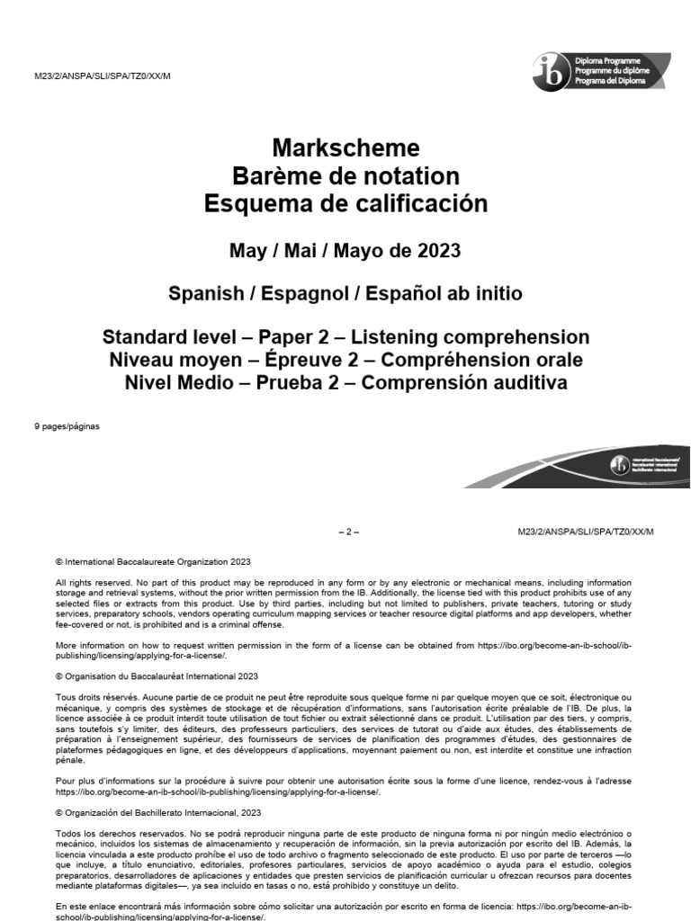 Spanish Ab Initio Listening Comprehension SL Markscheme Spanish | PDF ...