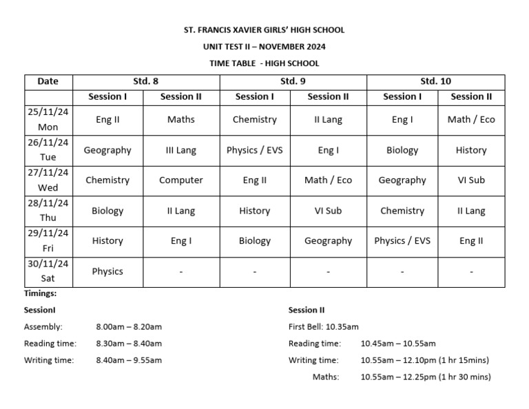 St. Francis Xavier High School Test Schedule | PDF