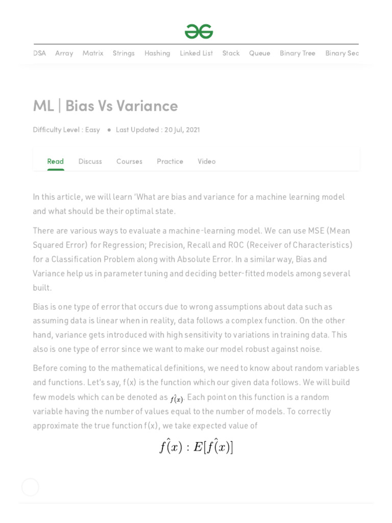 ML - Bias Vs Variance - GeeksforGeeks | PDF | Variance | Mean Squared Error