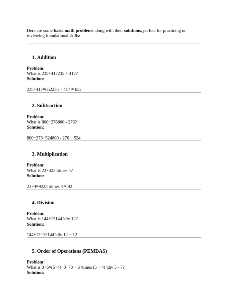 Here are some basic math problems along with their solutions | PDF
