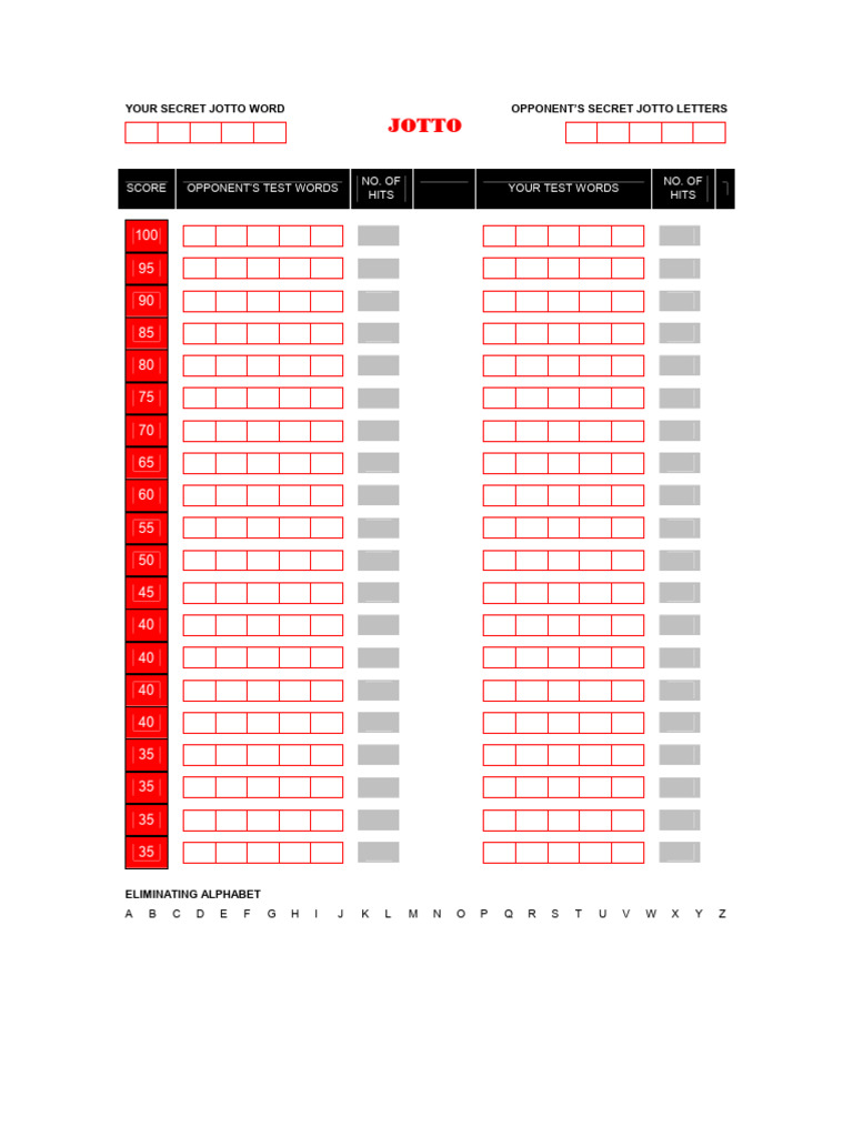 Jotto Game Score Sheet Template | PDF