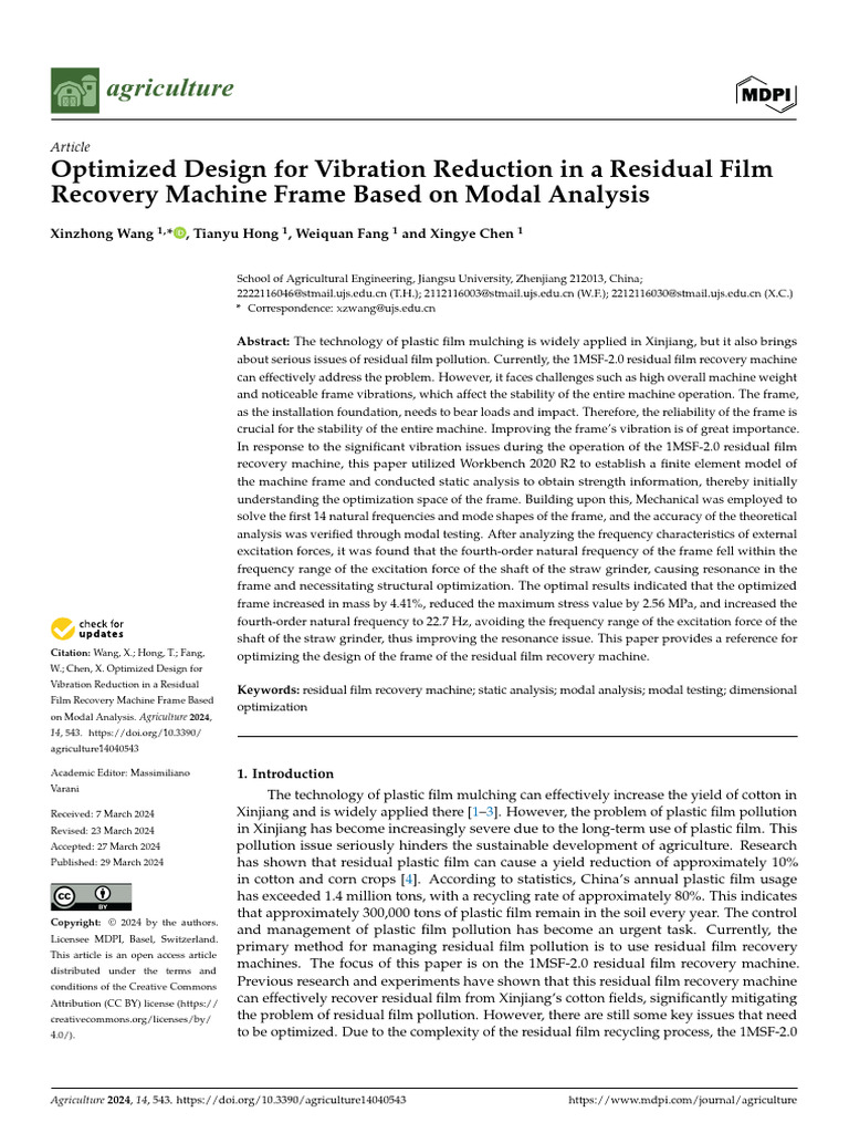 Optimized Design for Vibration Reduction in a Residual Film Recovery Machine Frame Based on ...