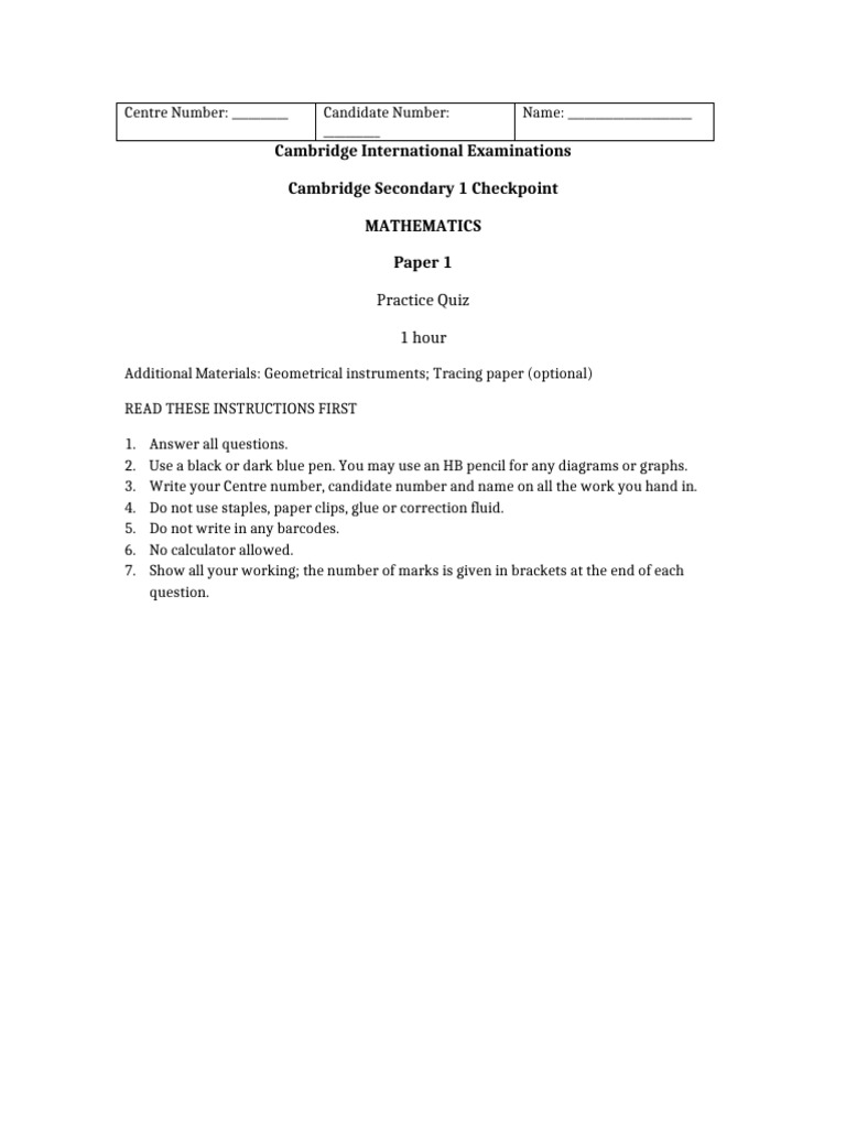 Yafet Checkpoint Quiz CambridgeStyle | PDF | Mathematics