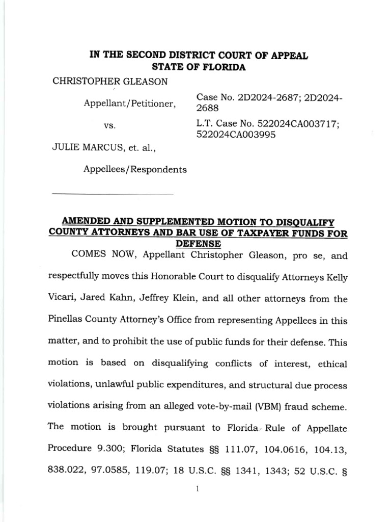 Gleason V Marcus - Amended Motion and Supplemented Motion To Disqualify ...