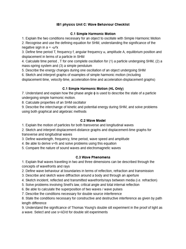 IB1 Physics Unit C - Wave Behaviour Checklist | PDF | Waves | Doppler Effect