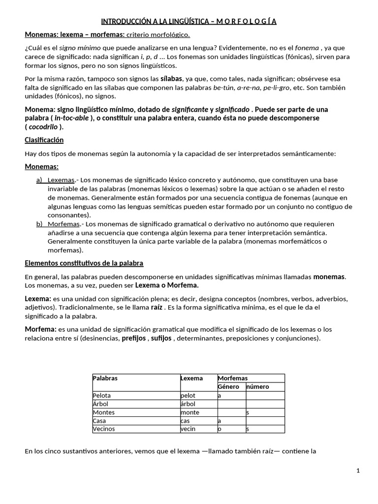 Lexema. Monema, Morfema | PDF | Palabra | Numero Gramatical