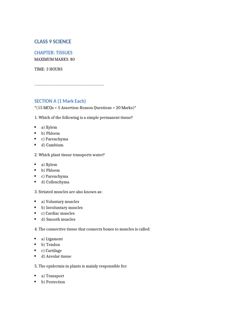 Class9 Tissues Question Paper | PDF | Tissue (Biology) | Muscle