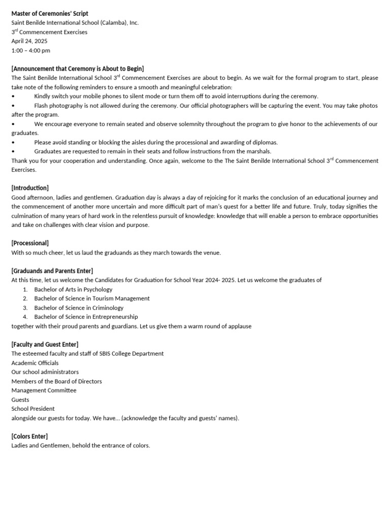 Master of Ceremonies Script 18th Commencement Exercise San Agustin NHS ...