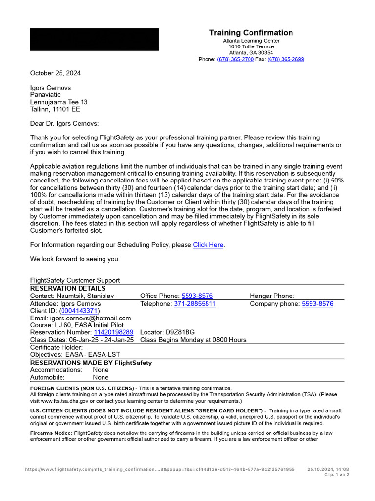 FlightSafety Training Confirmation | PDF | Government And Personhood ...