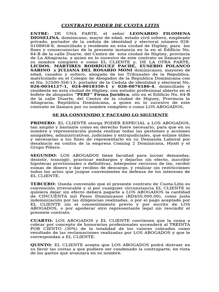 Cuota Litis Demanda Laboral Leonardo Filimena Dioselina | PDF | Abogado ...