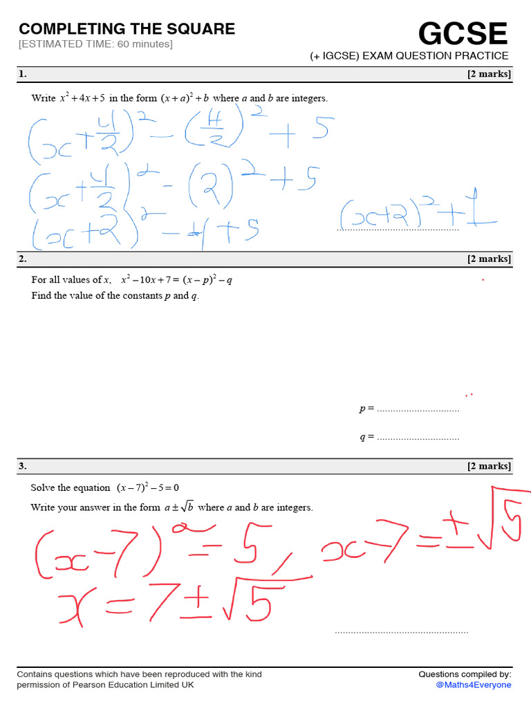 Completing The Square Gcse 9 1 Practice Questions 30224 | PDF ...