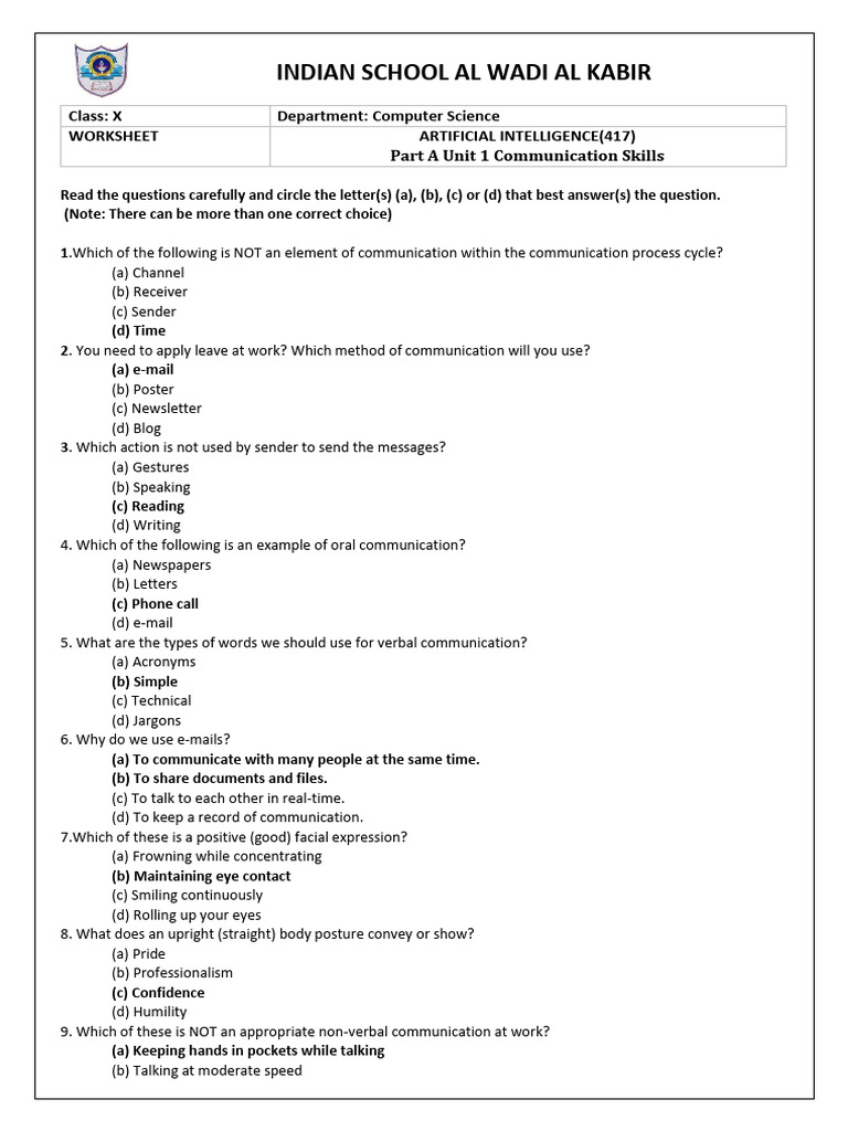 Communication Skills Worksheet for Students | PDF | Communication ...
