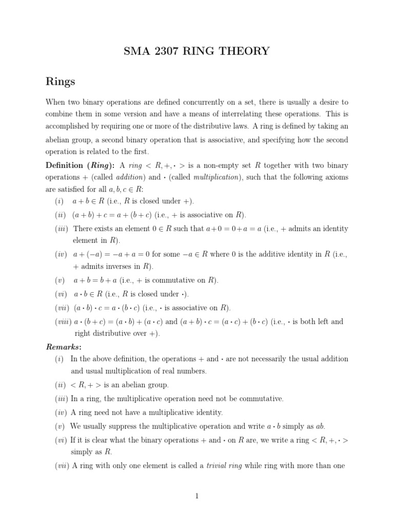 SMA 2307 Ring Theory Notes | PDF | Ring (Mathematics) | Group (Mathematics)